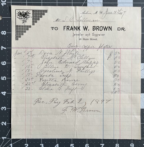 1897 Receipt for Coffin Plate Engraving Casket Plaque Funeral Antique ...