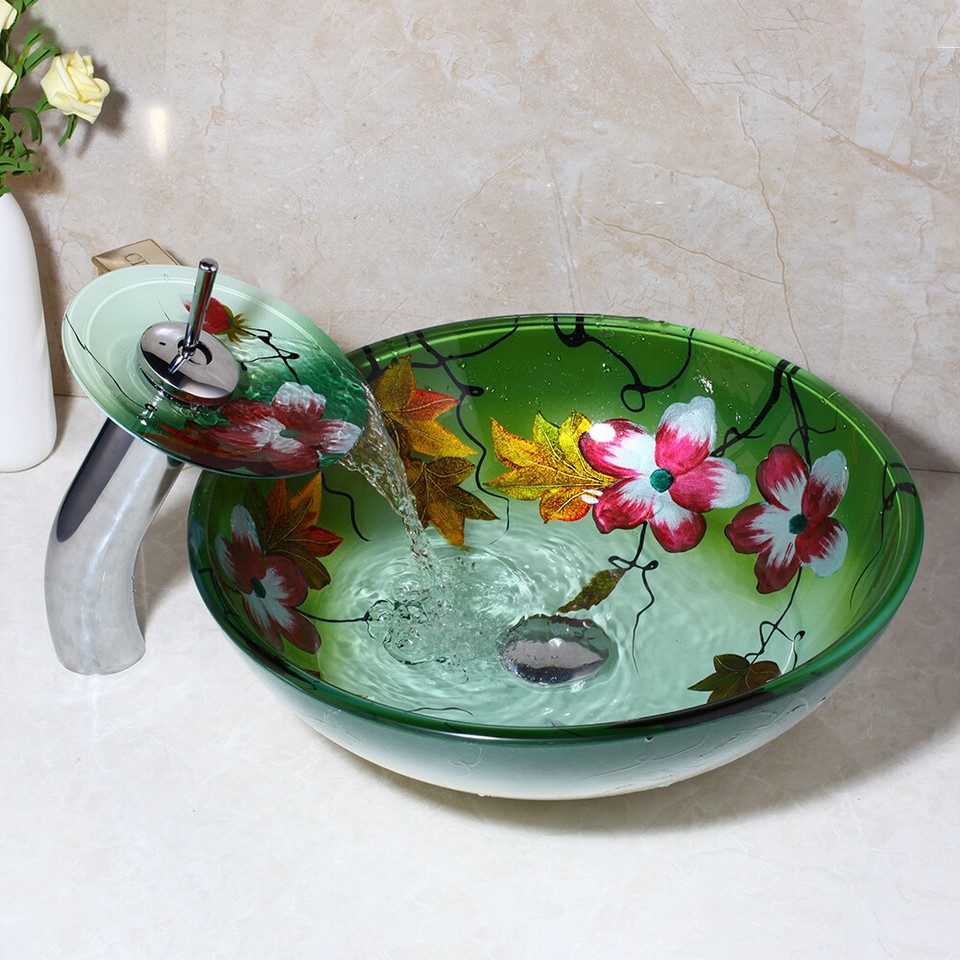 Lotus Hand Paint Tempered Glass Bathroom Basin Bowl Vessel Sink Mixer ...