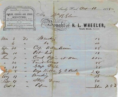 Billhead, H.L. Wheeler, Stoves, Sandy Hook, Newtown, Connecticut CT ...