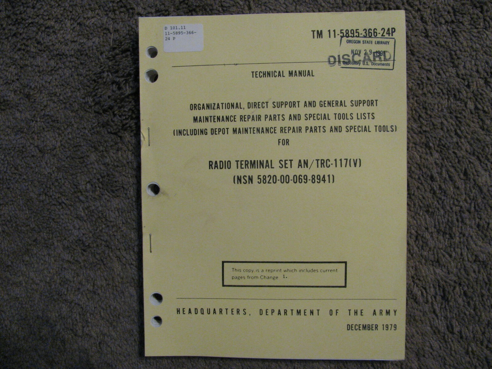 Military Book for Radio Terminal Set, AN/TRC-117(V), -24P, Used | eBay