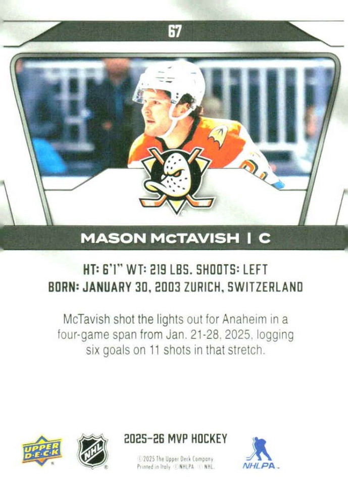 2025-26 Upper Deck MVP #67 Mason McTavish Anaheim Ducks | eBay
