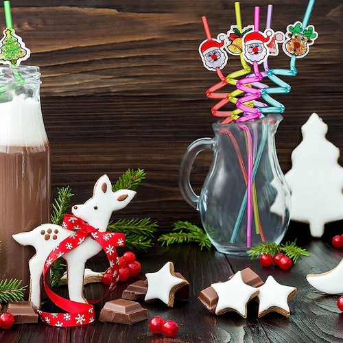1/6Pcs Christmas Straws Reusable Plastic Spiral Xmas Colourful Drinking ...
