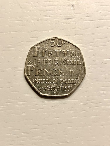 Rare 50p Fifty Pence Coin Johnson's Dictionary 1755 Saxon Plural Of ...