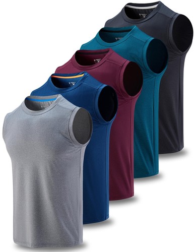 Pack of 5 Men's Stretch Cool Dry Muscle Tank Tops Athletic Crewneck ...