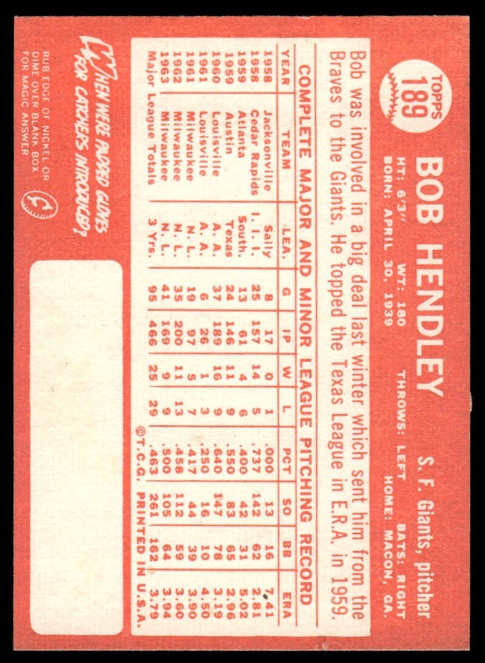 1964 Topps Bob Hendley ≥ San Francisco Giants #189 | eBay