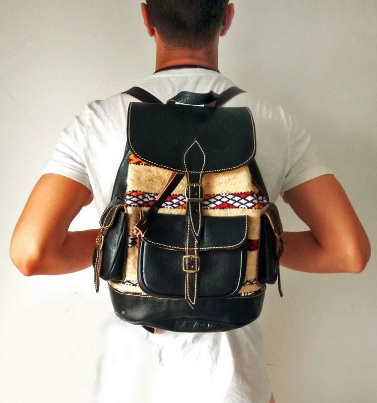 Moroccan Leather Backpack Black Rucksack Boho Kilim Carpet Bohemian ...