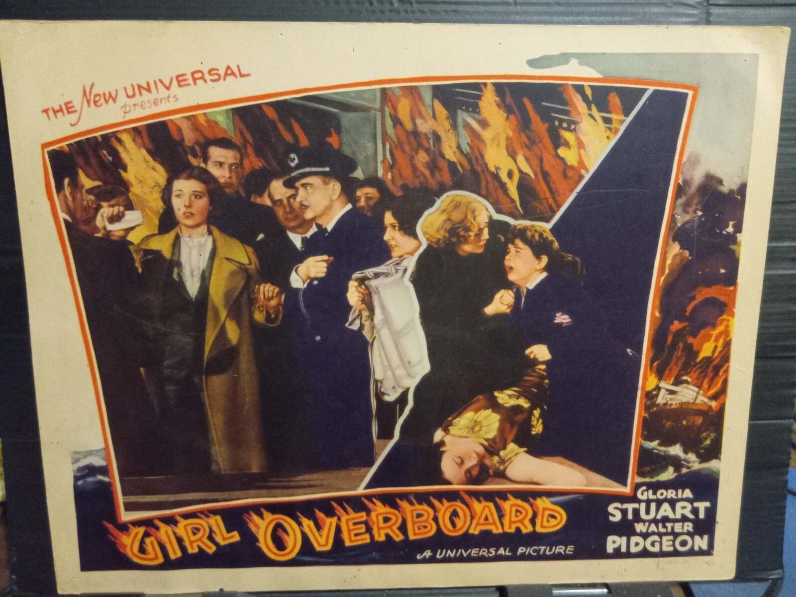 Lobby Card 1937 GIRL OVERBOARD Gloria Stuart W Pidgeon ship flaming ...