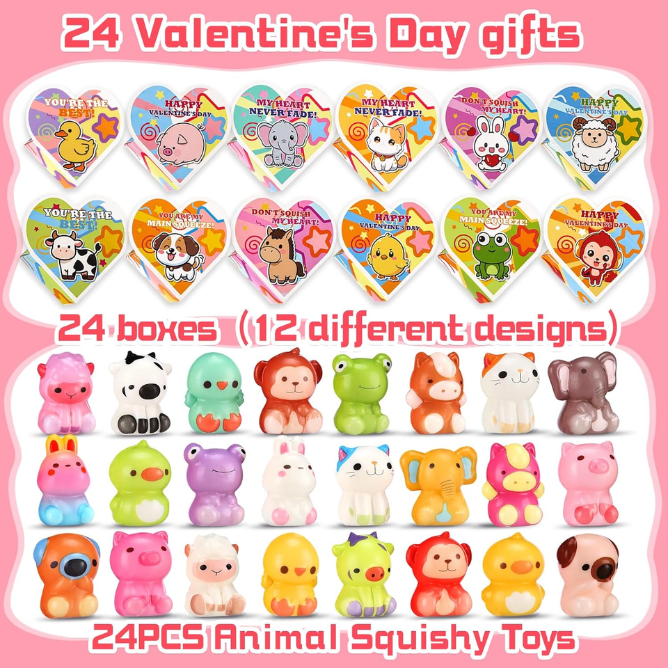 Valentines Day Gifts for Kids, 24PCS Animal Squishies with to from ...