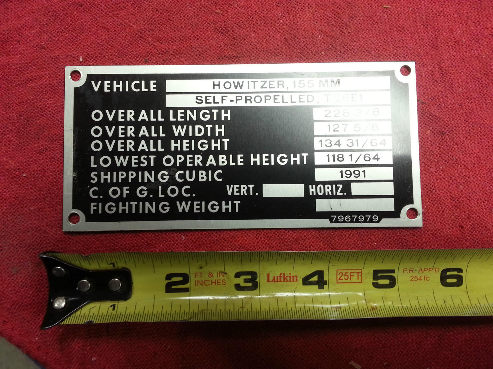 Howitzer 155mm Self Propelled T98E1 Data Plate Military Vietnam Armor ...