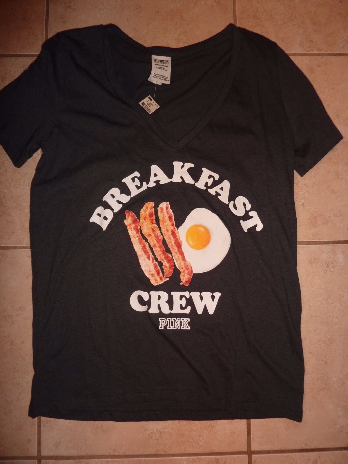VICTORIAS SECRET PINK "PINK" "BREAKFAST CREW" VNECK TEESHIRT NWT | eBay