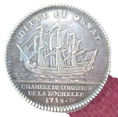 FRANCE-1754 -3 MASTED SHIP -KING LOUIS XV -LA ROCHELLE- SILVER JETON ...