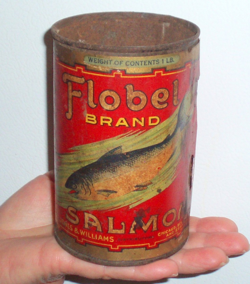 PRIMITIVE ANTIQUE SALMON FISH TIN CAN W/ ORIGINAL PAPER LABEL INTACT ...