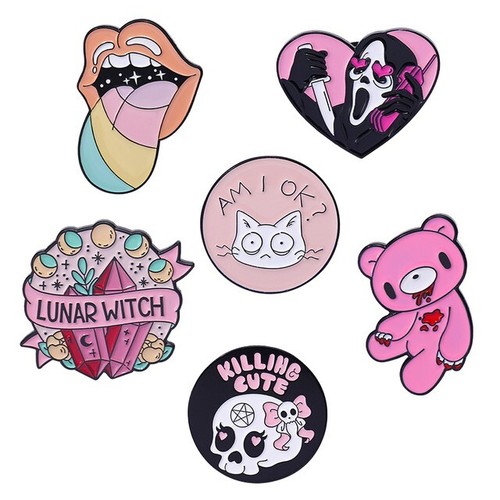 6pcs Anime Collection Enamel Pin Sets Cartoon Cat Scream Bear Brooches ...