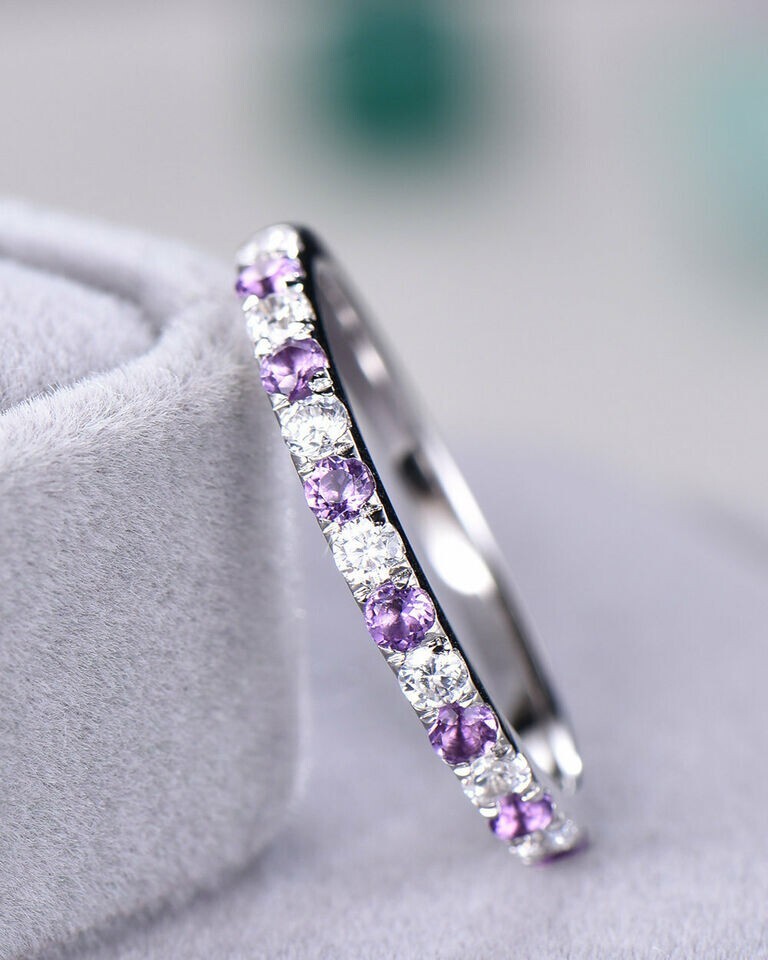 Round Cut Lab-Created Amethyst Half Eternity Band Ring 14k White Gold ...