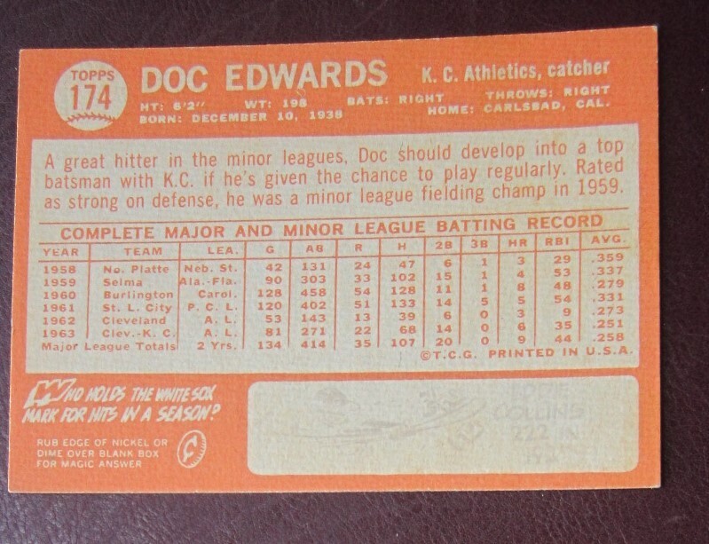 1964 Topps Doc Edwards (Kansas City Athletics) #174 VG/EX | eBay