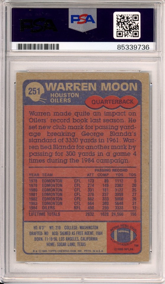 1985 85 TOPPS WARREN MOON SIGNED HOF ROOKIE RC PSA DNA COA CERTIFIED ...