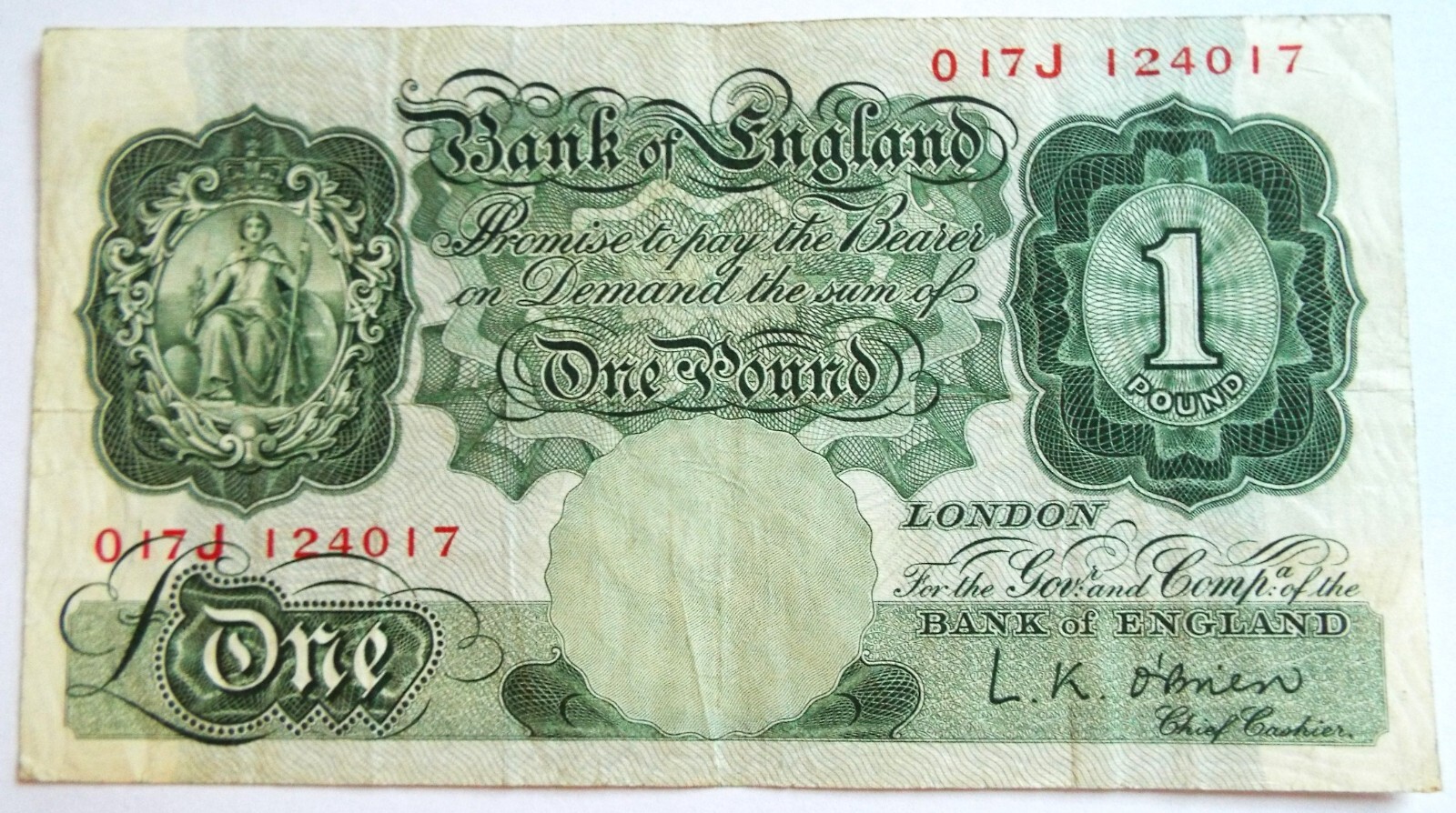 1955 - 62 Bank of England LK O'Brien £1 GREEN Pound Note Britain United ...