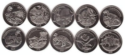 Mayotte - set 10 coins x Un franc 2015 - 2019 UNC Dinosaurs Lemberg-Zp ...