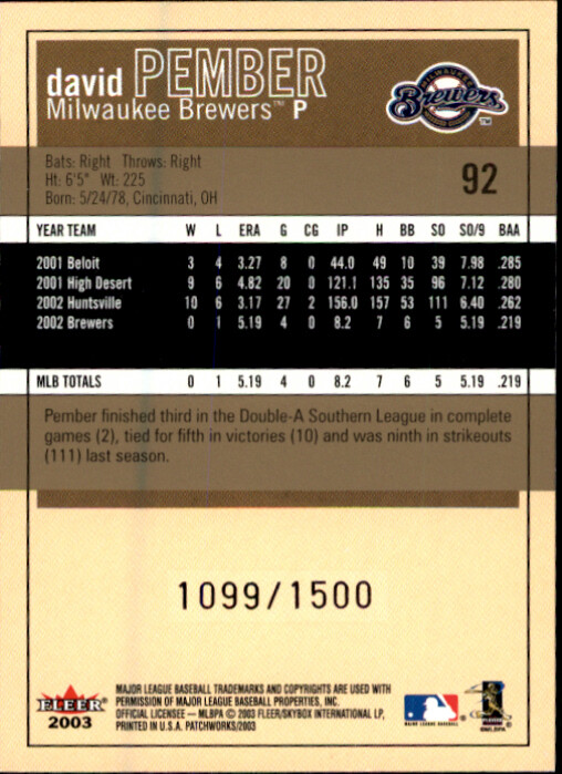 2003 Fleer Patchworks #92 David Pember RR RC/1500 - NM-MT | eBay