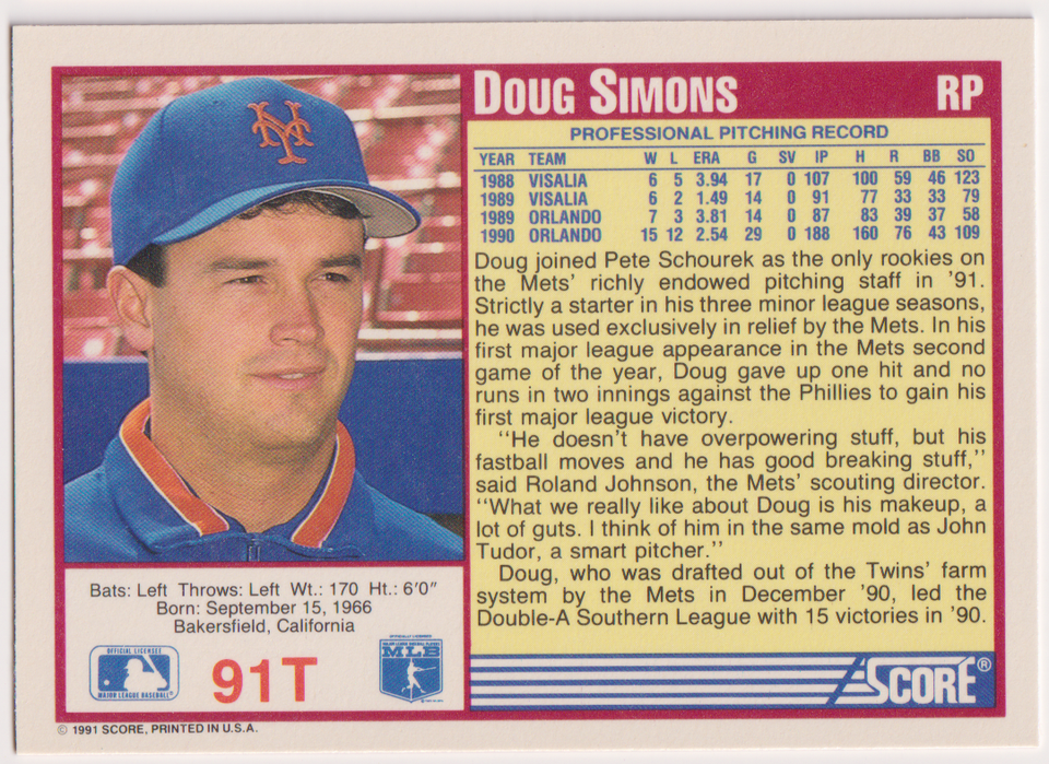 1991 Score Traded #91T Doug Simons RC New York Mets | eBay
