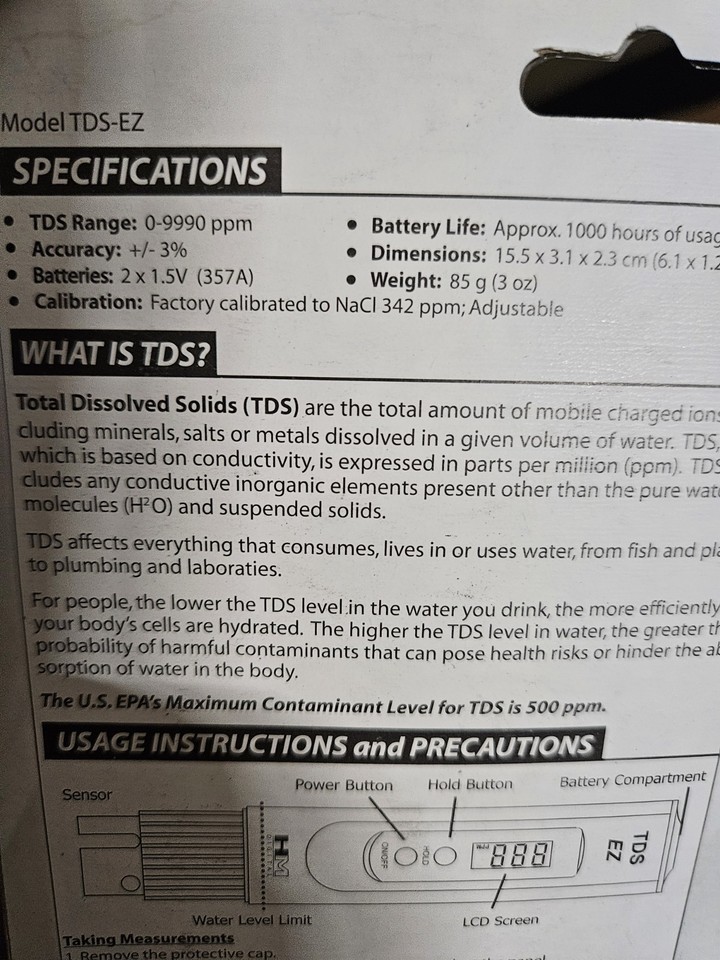 HM Digital TDS-EZ Water Quality TDS Tester, 0-9990 ppm Measurement ...