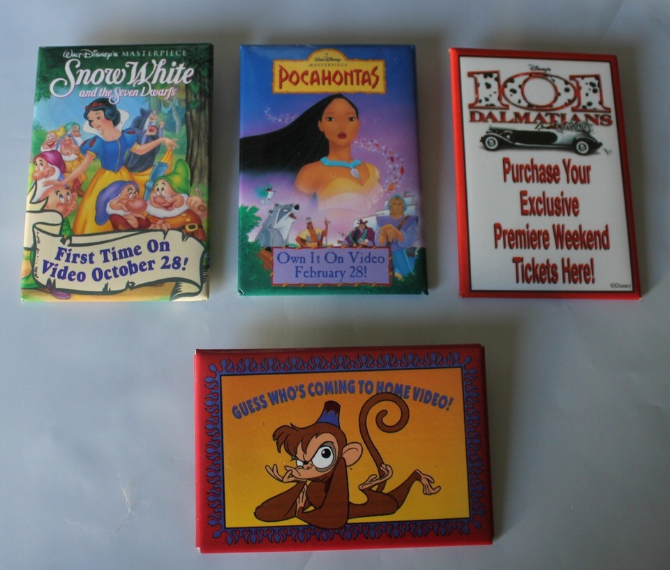 Disney On Video Button Aladdin Snow White Cinderella Wind Willows Pluto ...