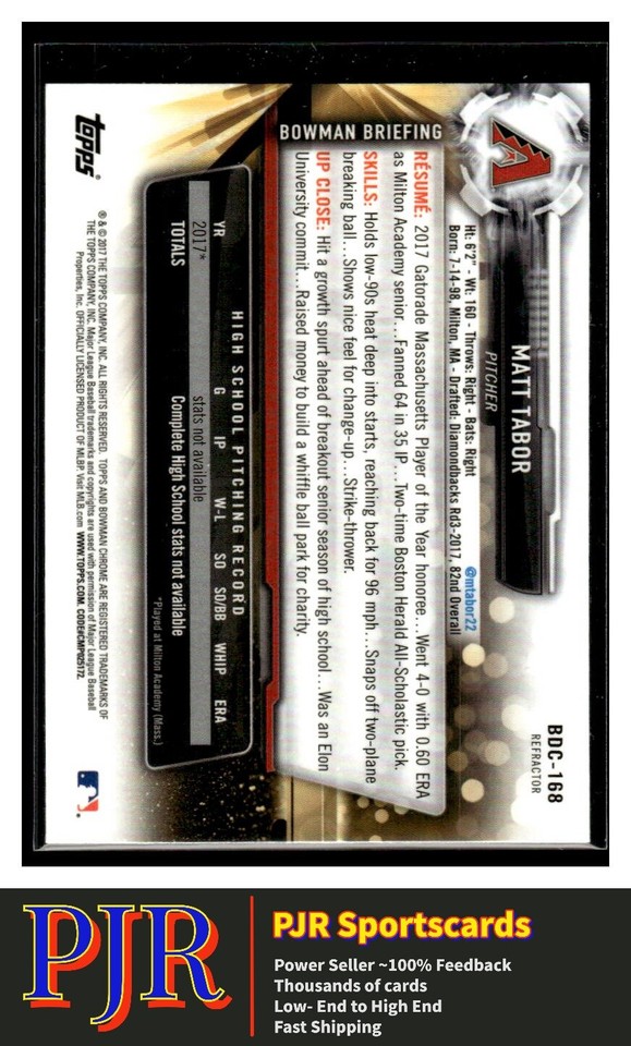 2017 Bowman Draft #BDC-168 Matt Tabor Arizona Diamondbacks Chrome ...