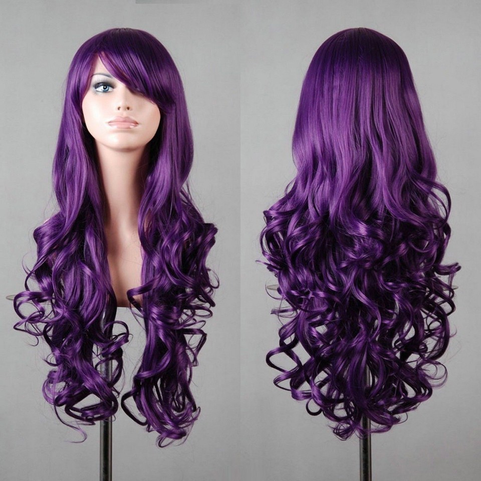 Fashion Long Purple Wavy Curly Women's Lady Cosplay Anime Hair Wig Wigs ...
