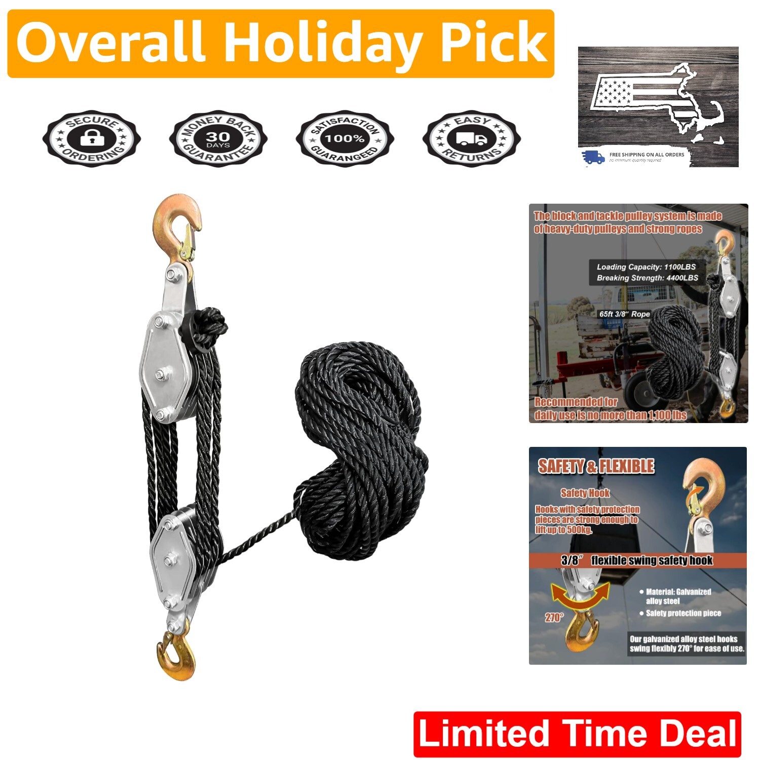 Heavy-Duty Block and Tackle Pulley System - 4400lbs Load - 7:1 Lifting ...
