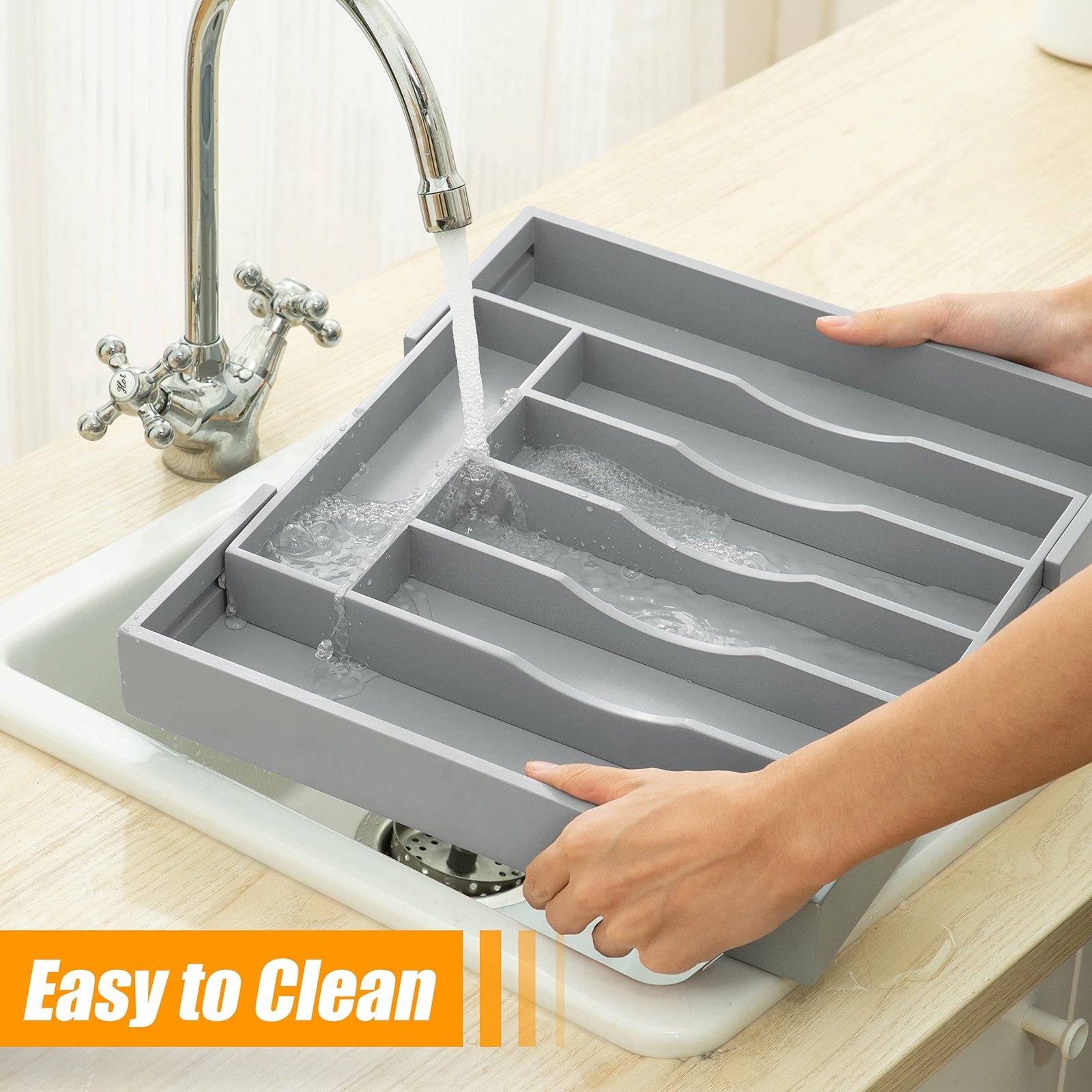 Grey Silverware Organizer Kitchen Drawer Organizer Expandable Bamboo ...