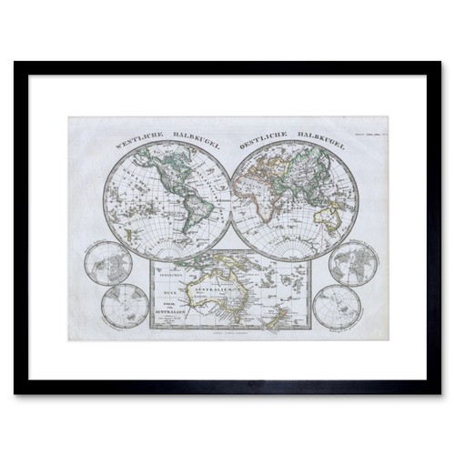 Map 1862 Stieler Hemisphere Map World Vintage Framed Print 12x16 Inch ...