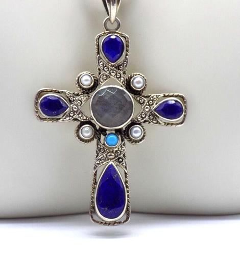 Nicky Butler Cross Pendant Necklace Labradorite Lapis Pearl 925 ...