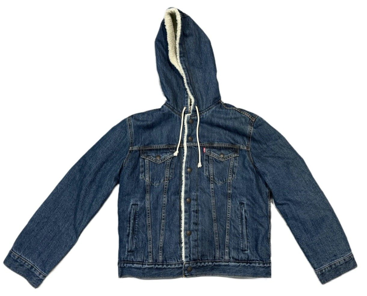 Levis Mens Denim Sherpa Lined Hooded Jacket Pocket Drawstring Blue ...