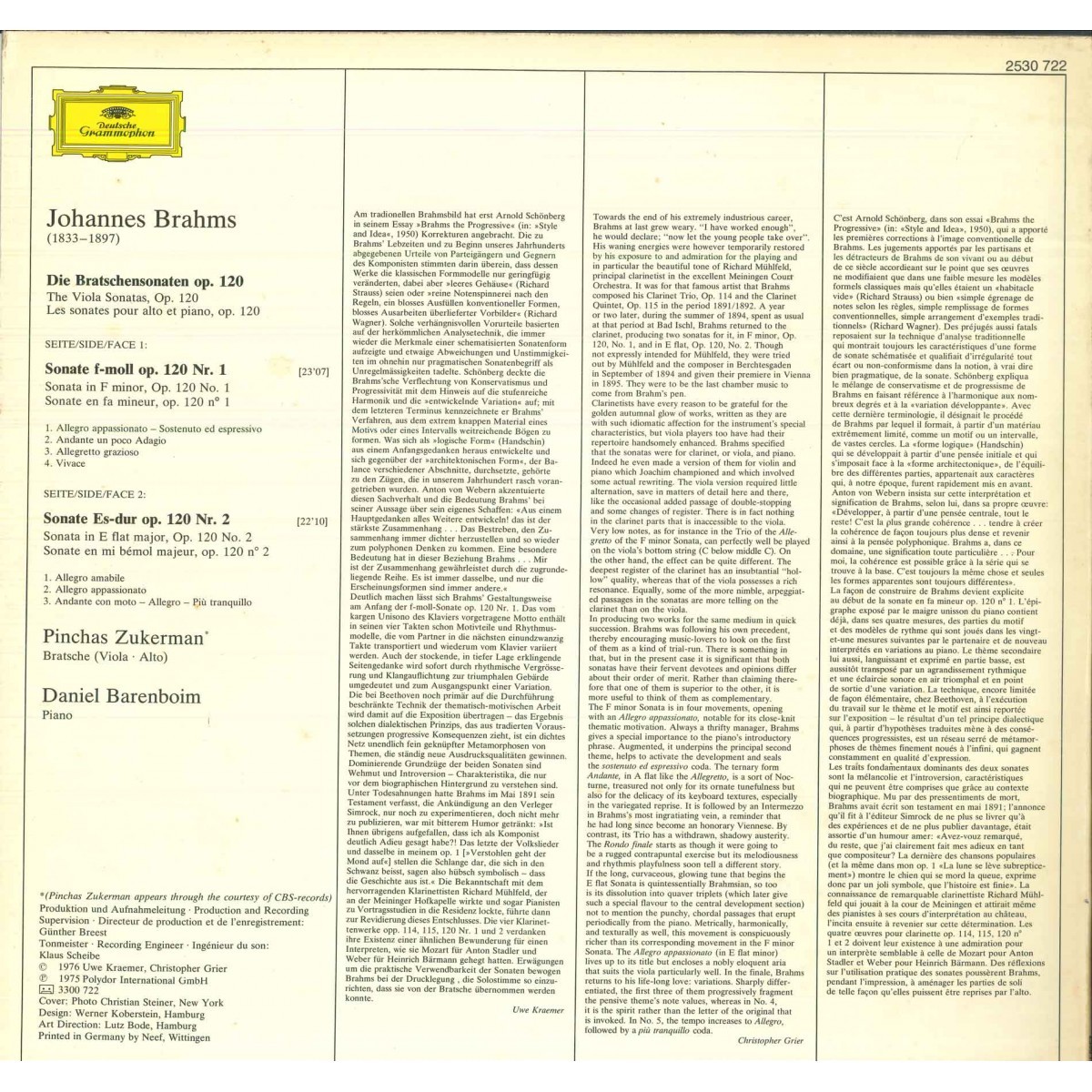 Brahms Zukerman Barenboim ‎LP Die Bratschensonaten The Violet Sonatas ...