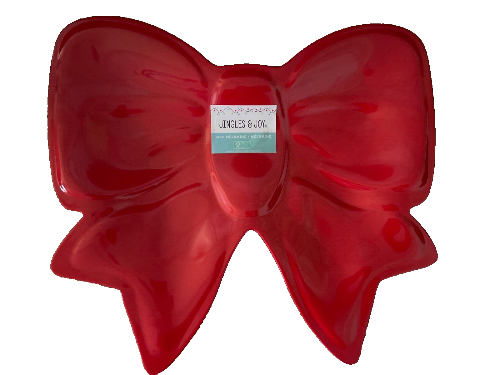 NEW Jingles & Joy Red Bow Shaped Figural Platter 17” x 16” Melamine ...
