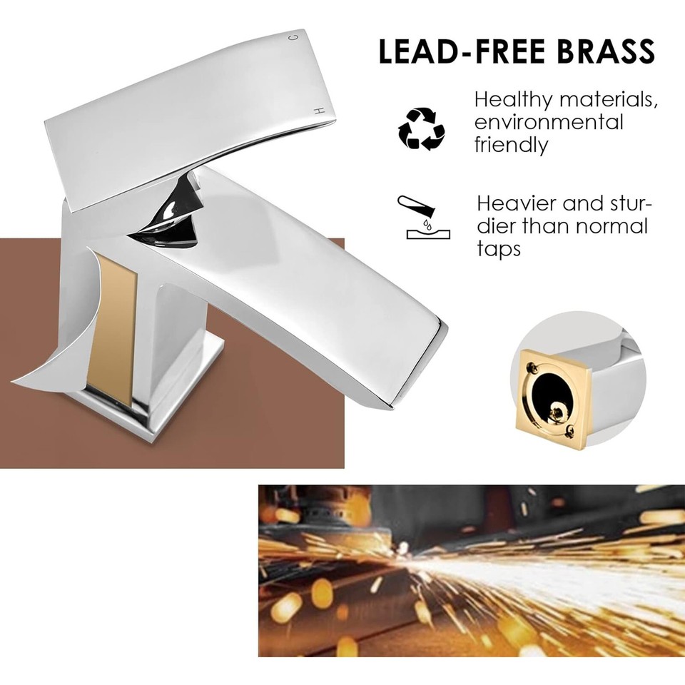 Waterfall Bathroom Sink Counter Taps Basin Mixer Tap Brass Square ...