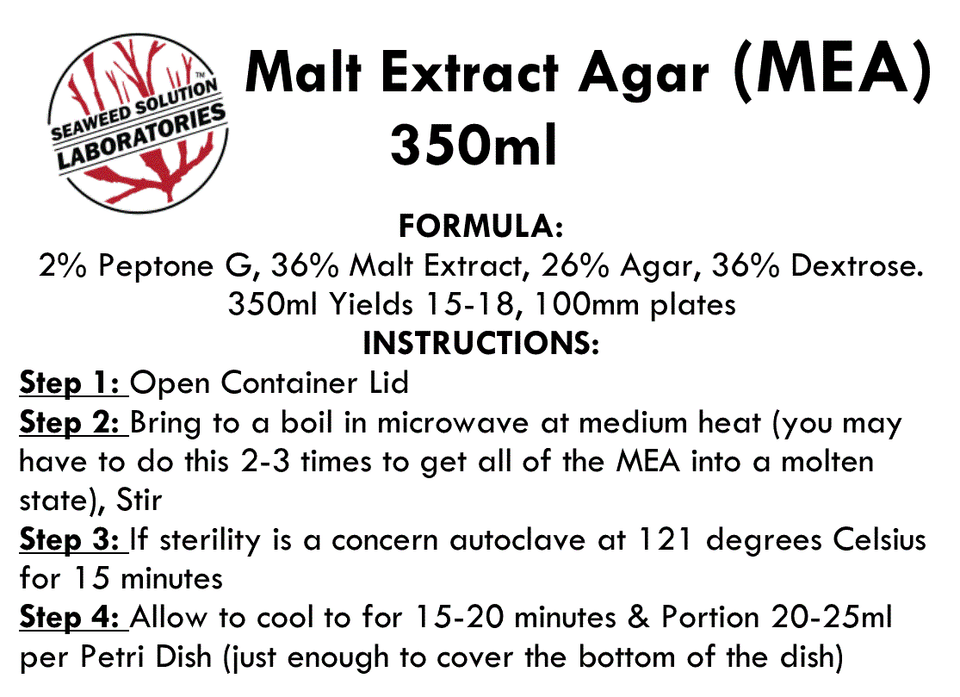 Malt Extract Agar (MEA), 350ml - Sterilzed, Yields 15-18, 100mm Dishes ...