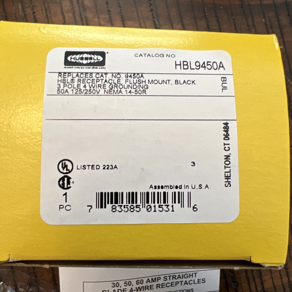 Hubbell 9450A 50A 4W Single Receptacle 125/250VAC 14-50R BK HBL9450A | eBay