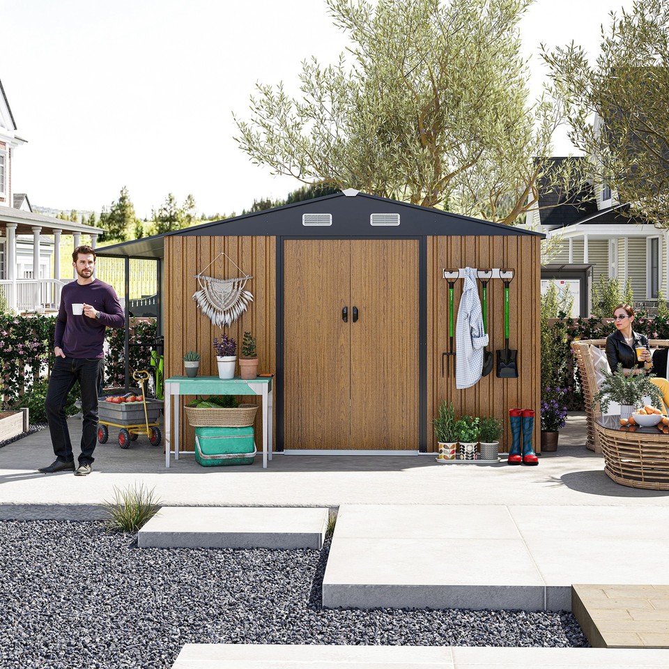 2-in-1 Outdoor Open-Sided Metal Storage Shed with Attached Hardtop ...