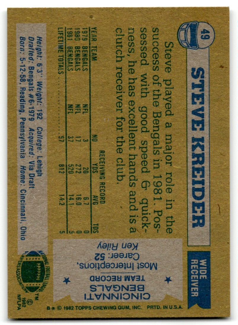 1982 Topps Steve Kreider Rookie Cincinnati Bengals #49 | eBay