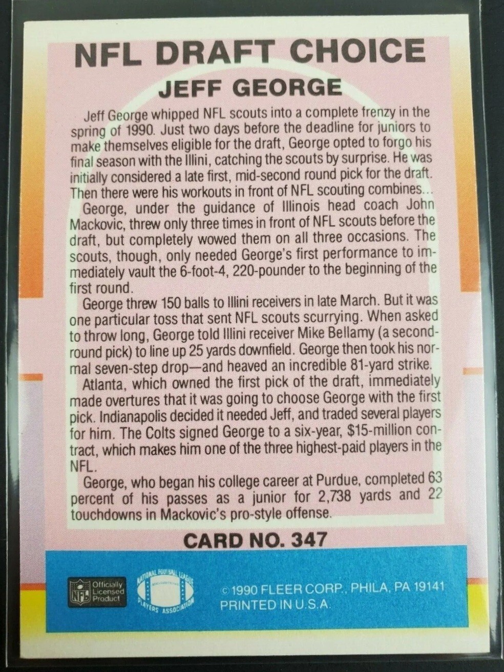 1990 Fleer #1 Draft Pick Jeff George Rookie Football Card #347 - Colts ...