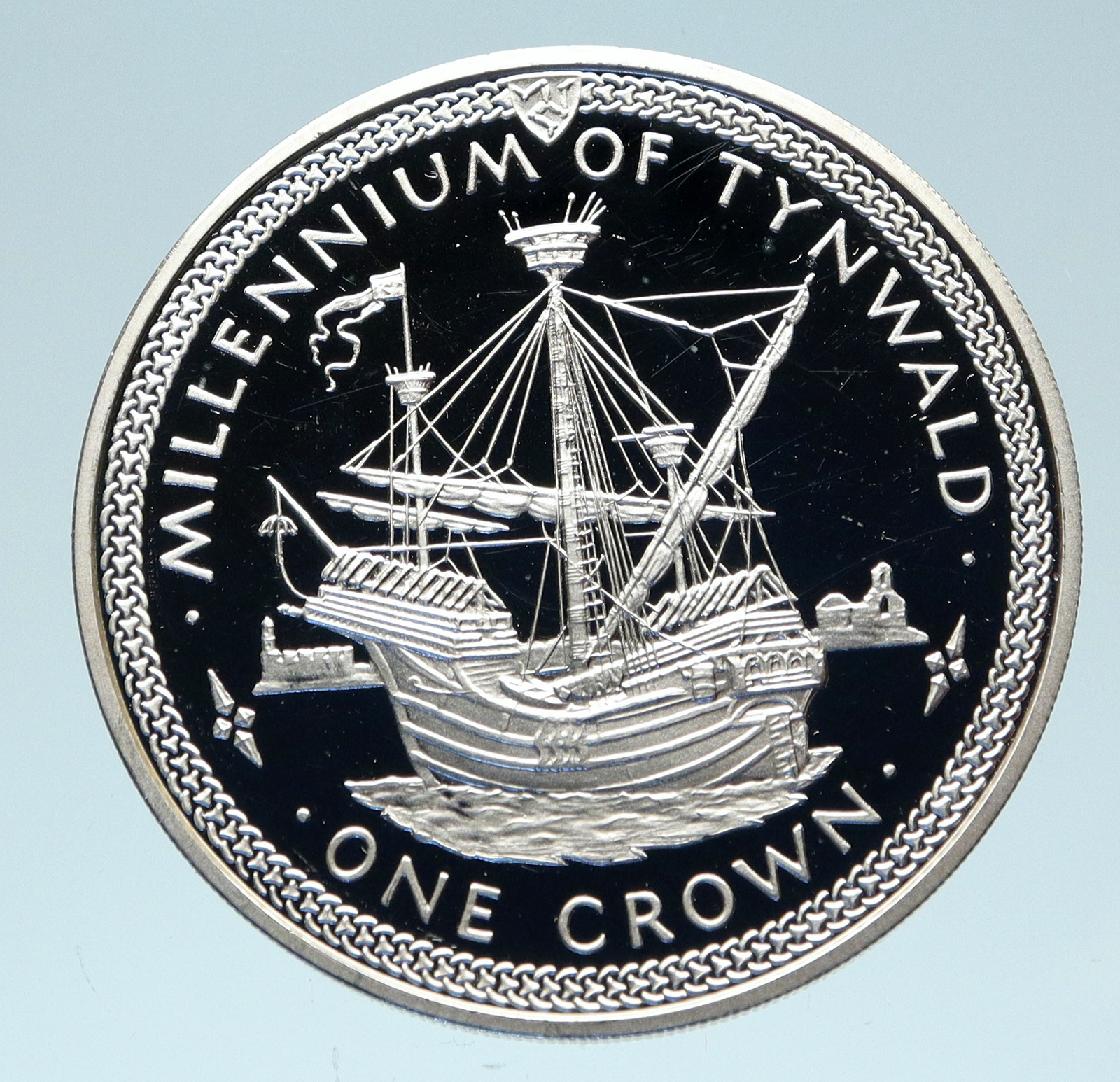 1979 ISLE of MAN Millenium of TYNWALD Silver Crown Coin Man-o-war SHIP ...