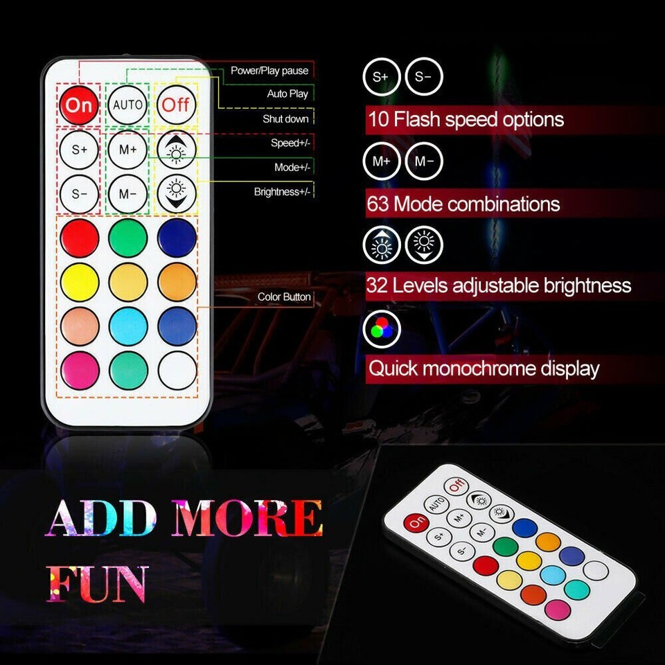 2pcs 5ft RGB Spiral LED Whip Lights Antenna Flag Pole for ATV UTV SXS ...