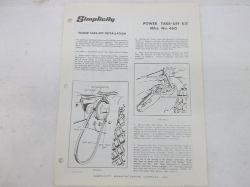 Simplicity Power Take Off Kit PTO Mfrs No. 460 Instructions and Parts ...