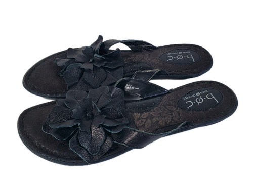 BOC Born Concept Solid Black Flower Front Leather Flip Flop Thong ...