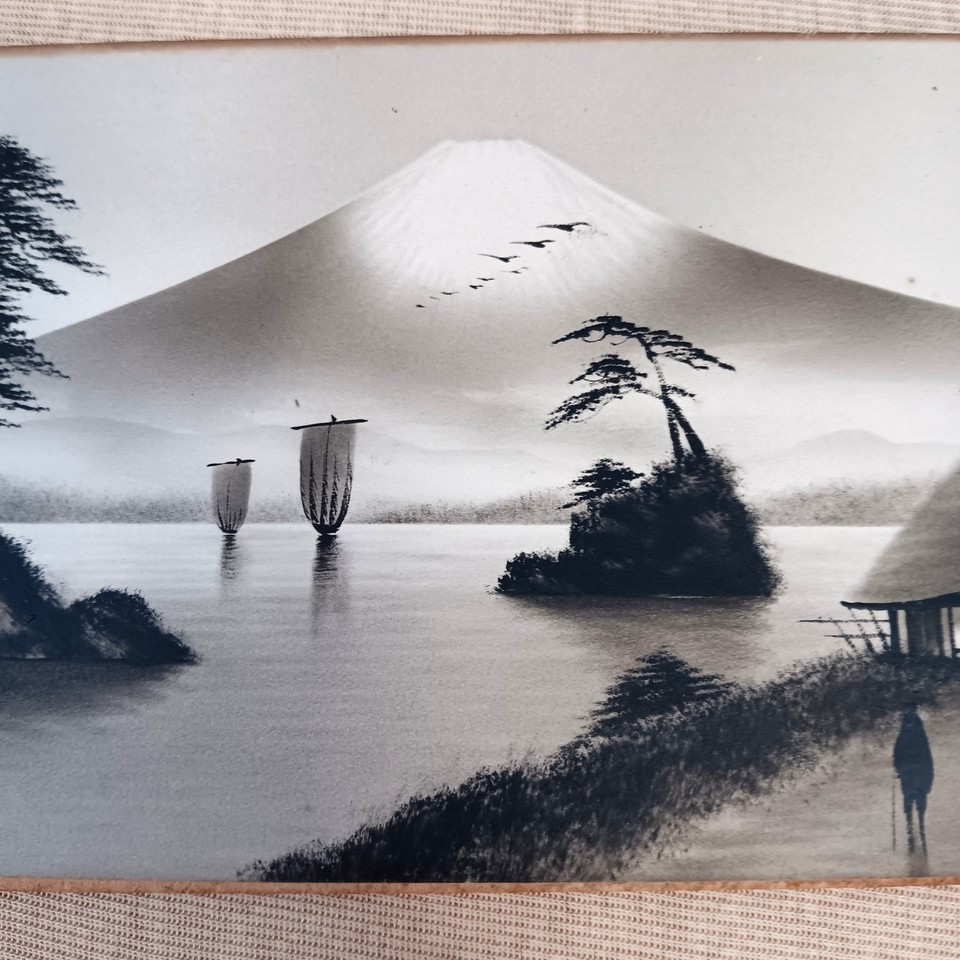 VTG Japanese Sumi-e Ink Painting Framed Mt Fuji Asian Art Coastal ...