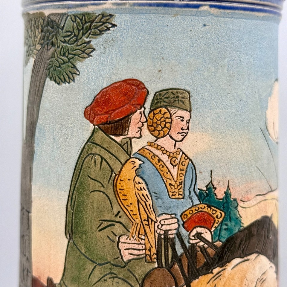 J.W. Remy 847 German Beer Stein 1.5L Falconry Scene Pewter Lid Germany ...