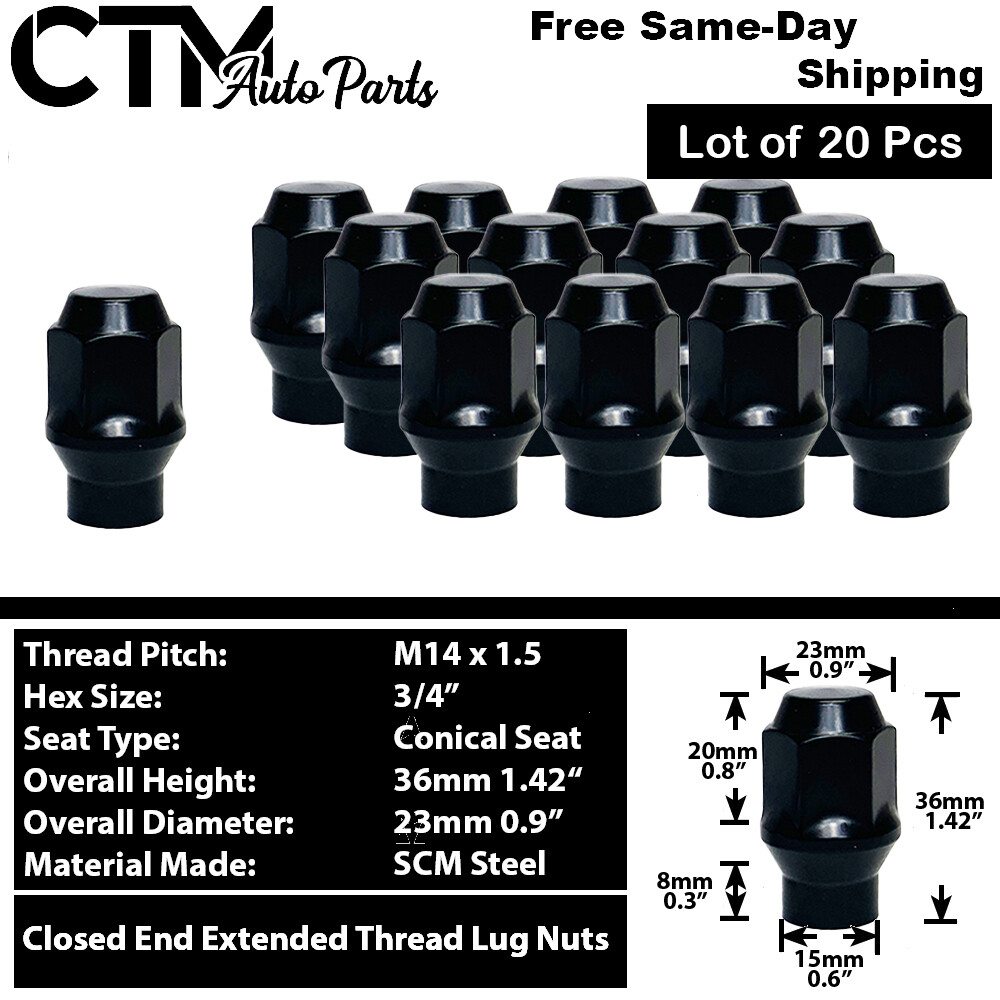 20Pc BLACK M14x1.5 EXTENDED THREAD ET STYLE LUG NUTS FIT CHEVY DODGE ...
