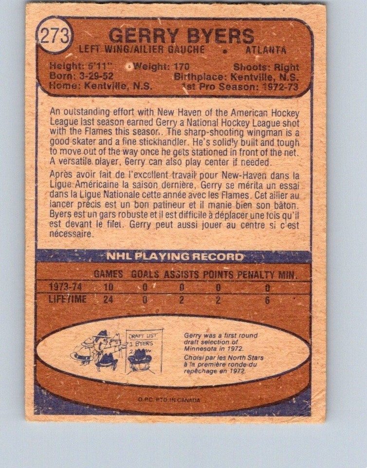 VINTAGE HOCKEY CARD 1974 O-PEE-CHEE ATLANTA FLAME JERRY BYERS ROOKIE ...