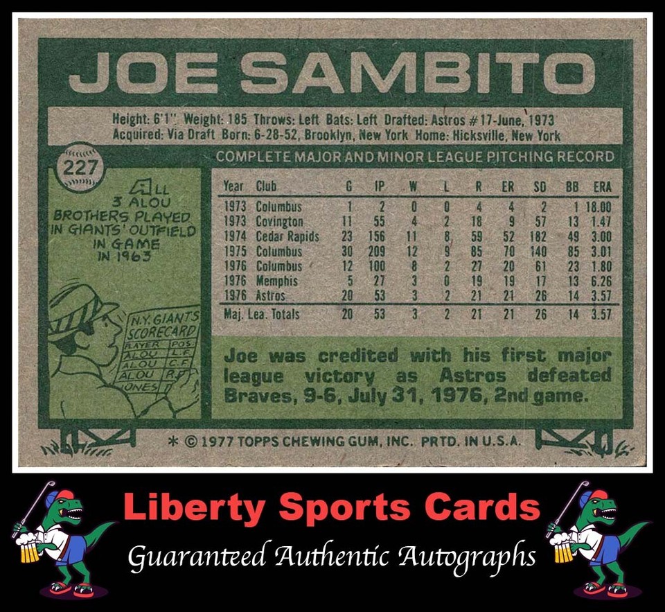 1977 Topps Joe Sambito #227 Authentic Autographed Card Houston Astros ...